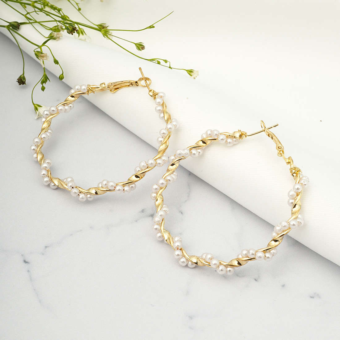 Buy Online Twisted Pearl String Gold Hoops -Ferosh